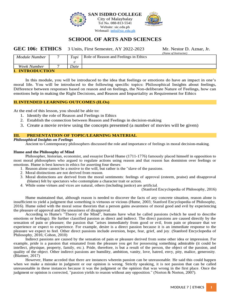Role of Reason and Feelings in Ethics | PDF | Reason | Thought