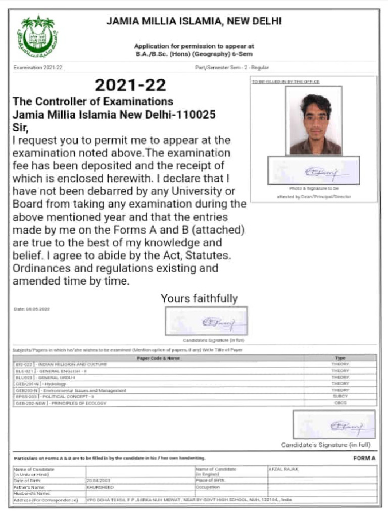 Exam Application for B.A./B.Sc. 2021-22 | PDF