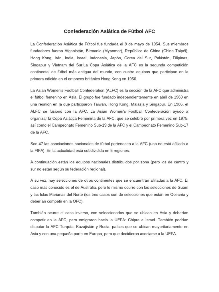 Confederación Asiática de Fútbol AFC | PDF | Asociación de Futbol | FIFA