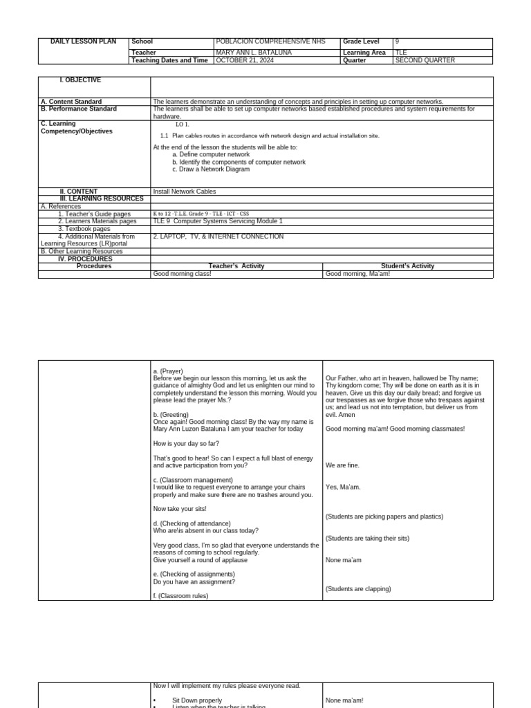 Ann ann DAILY-LESSON-PLAN-Grade-9-TLE (1) | PDF | Computer Network | Server (Computing)