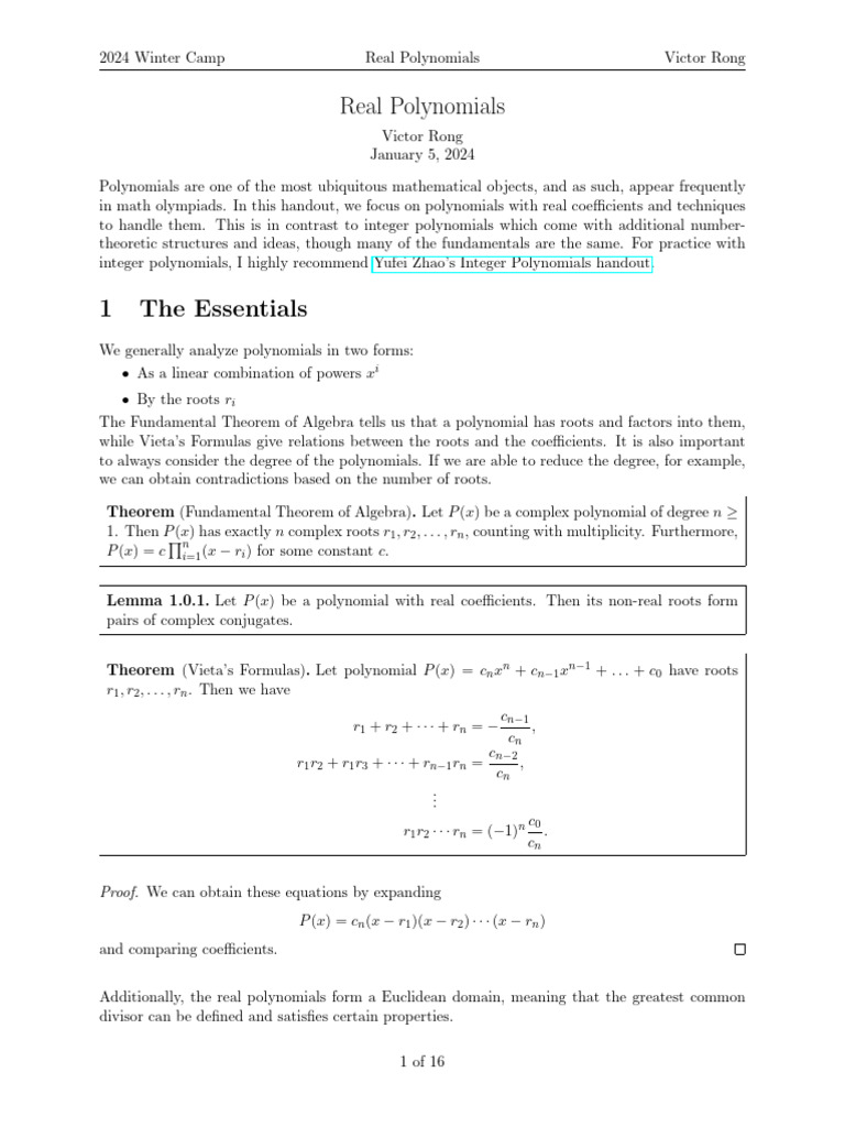 Real Polynomials Winter2024 | PDF | Polynomial | Zero Of A Function