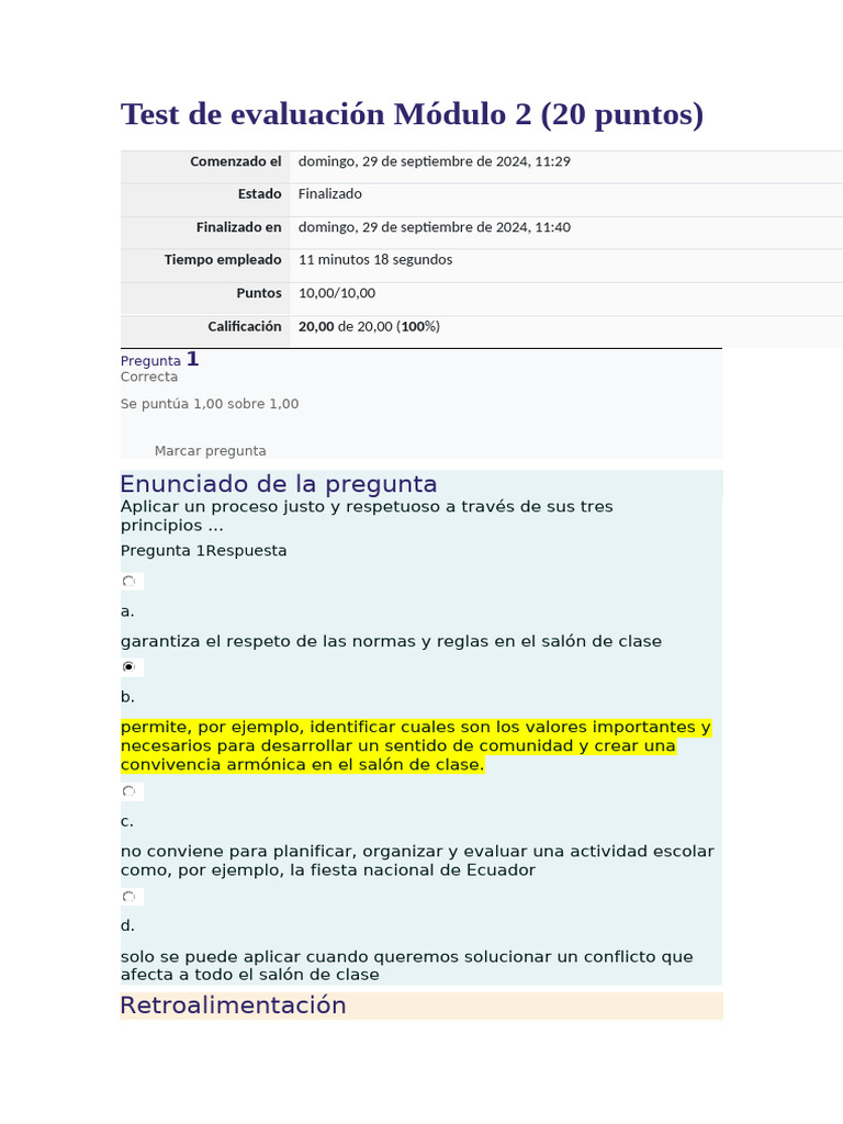 Test de Evaluación Módulo 2 (20 Puntos) : Enunciado de La Pregunta | PDF