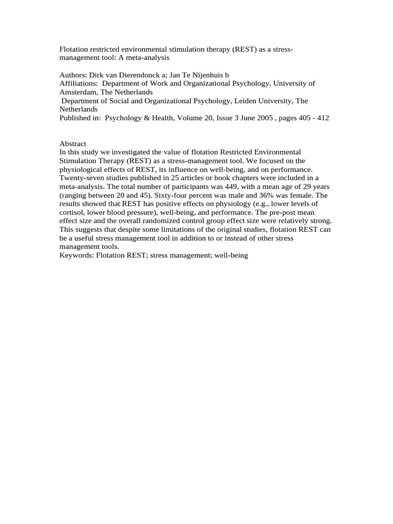 Flotation Stress Management Meta Analysis | PDF | Self-Improvement | Wellness