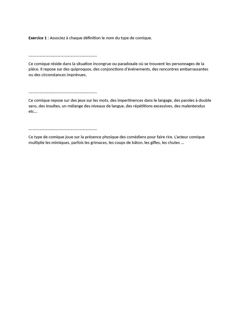 Types de comique au théâtre : exercices | PDF