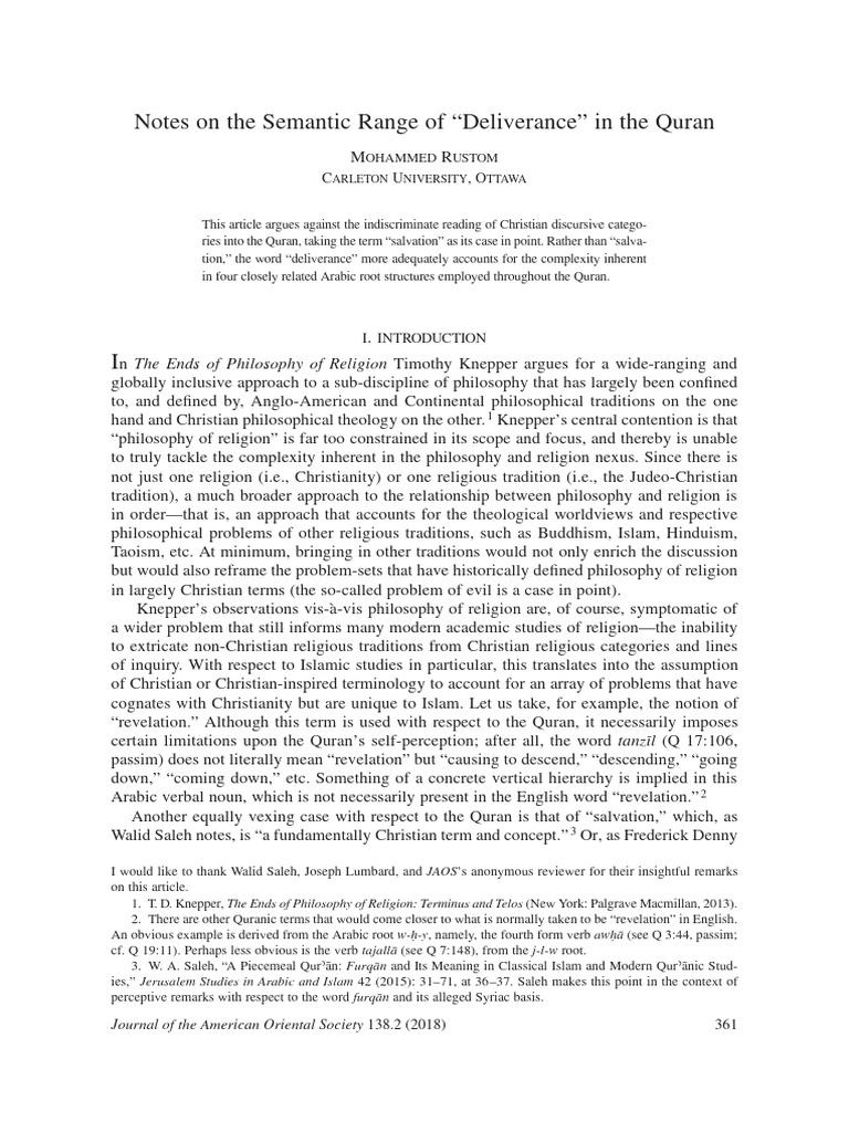 Notes On The Semantic Range of "Deliverance" in The Quran. MOHAMMED ...