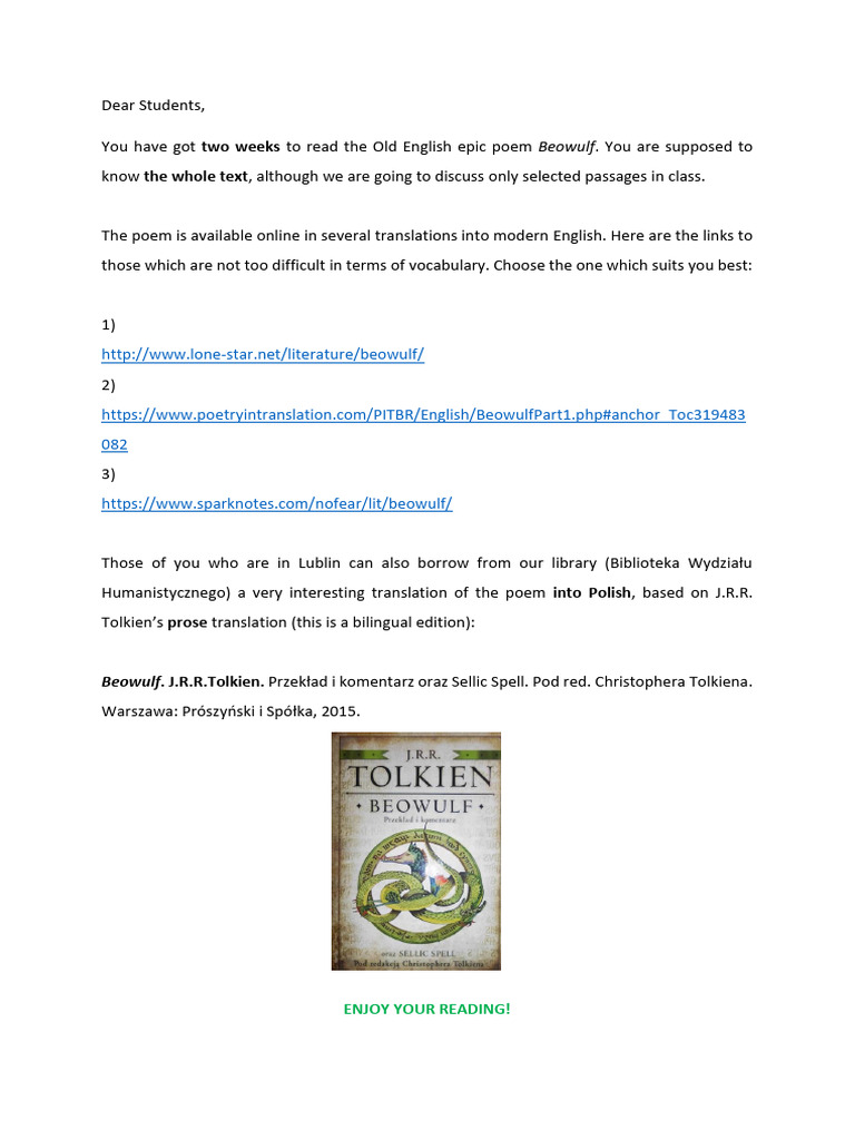 Beowulf Reading Assignment Details | PDF | Classics | General Fiction