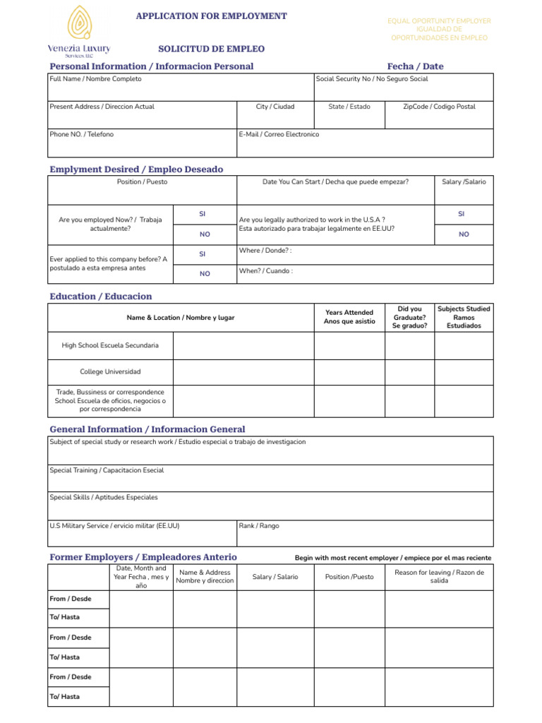 Application For Emplyment - Solicitud de Empleo | PDF