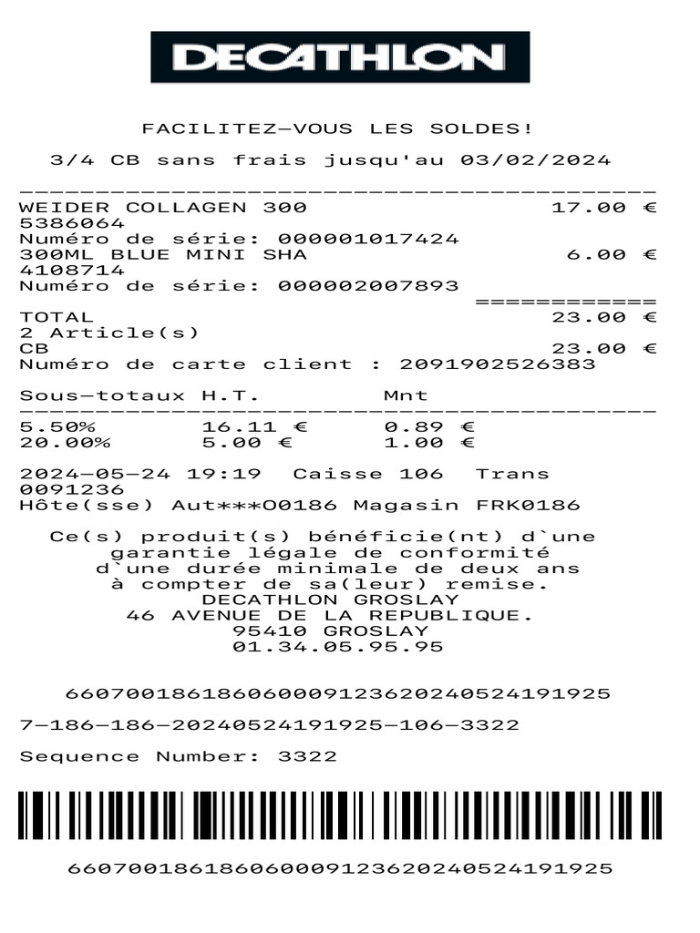 Ticket de caisse Decathlon 2024 | PDF