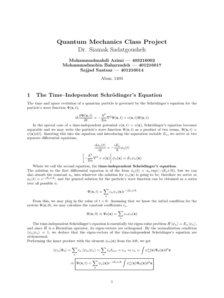Quantum Mechanics Project | PDF | Schrödinger Equation | Wave Function