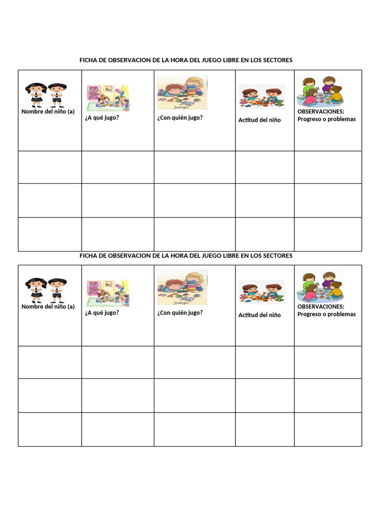 Ficha de Observacion de La Hora Del Juego Libre en Los Sectores | PDF ...