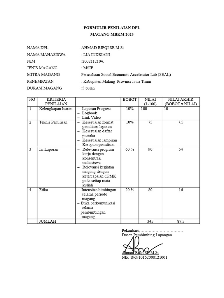 Penilaian Magang MBKM 2023 SEAL | PDF