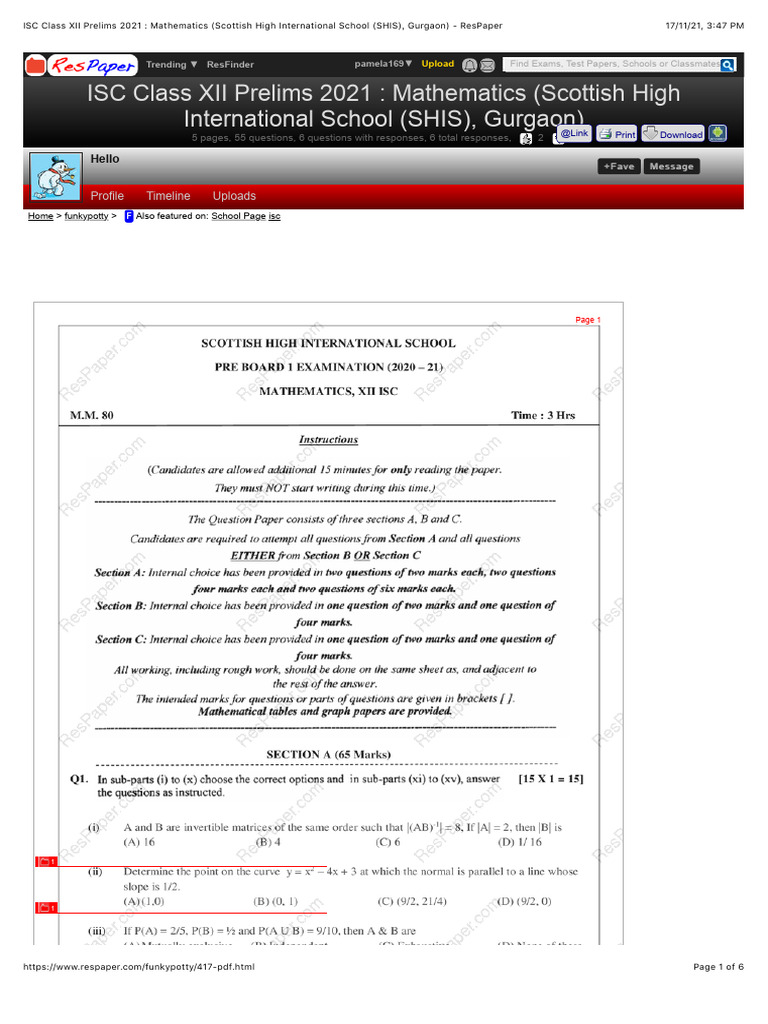 ISC Class XII Prelims 2021 Mathematics (Scottish High International School (SHIS), Gurgaon ...