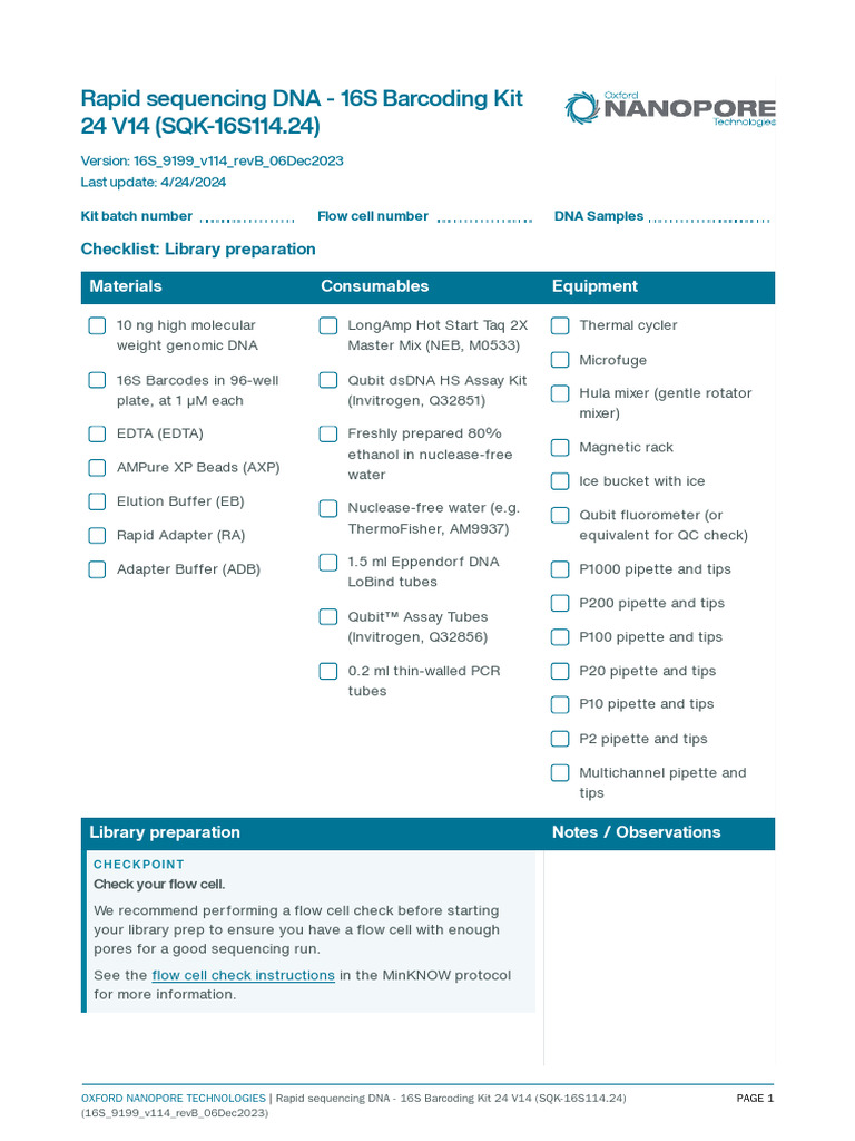 Rapid Sequencing DNA 16s Barcoding Kit v14 SQK 16114 24 Document ...
