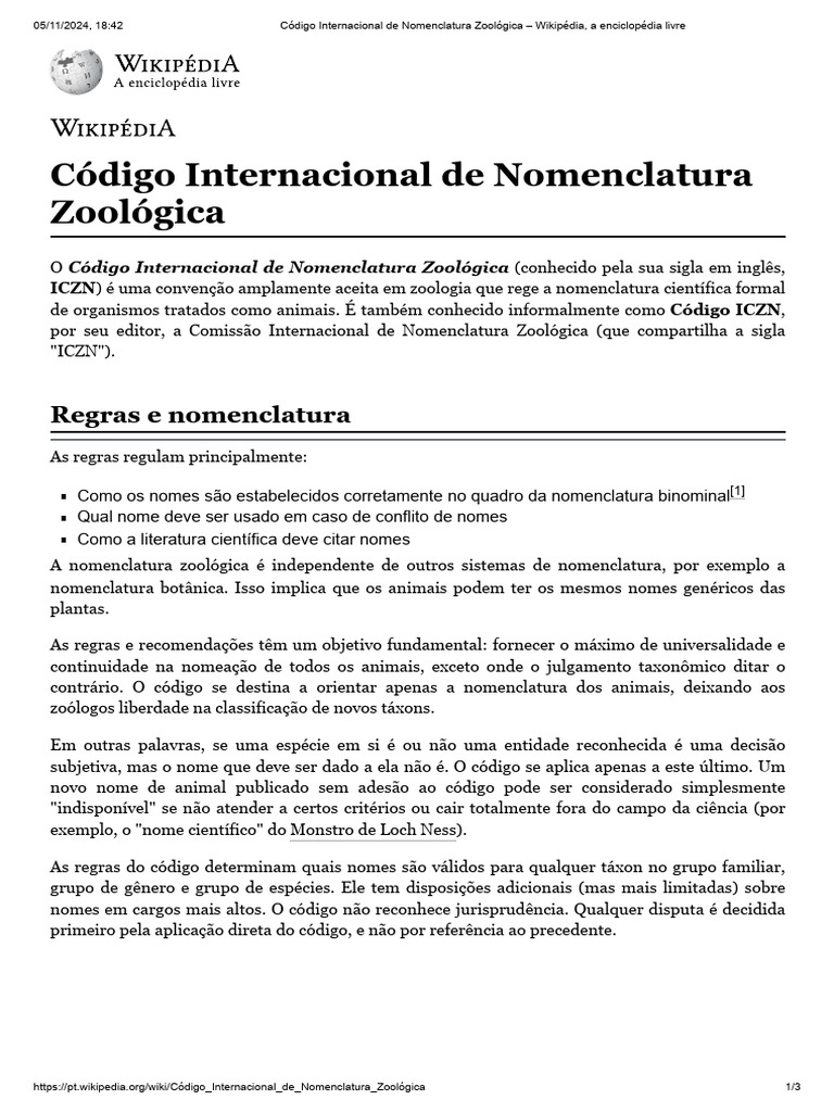 Código Internacional de Nomenclatura Zoológica - Wikipédia, A Enciclopédia Livre | PDF ...