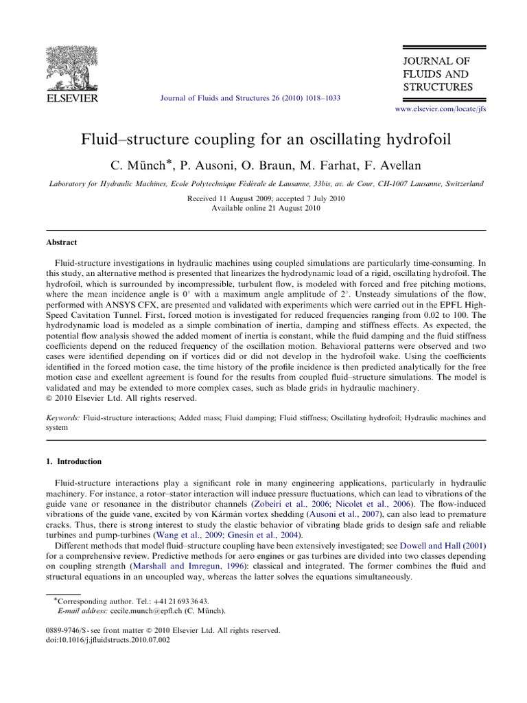 Fluid Structure Coupling For An Oscillating Hydrofoil 2010 Journal Of Fluids And Structures