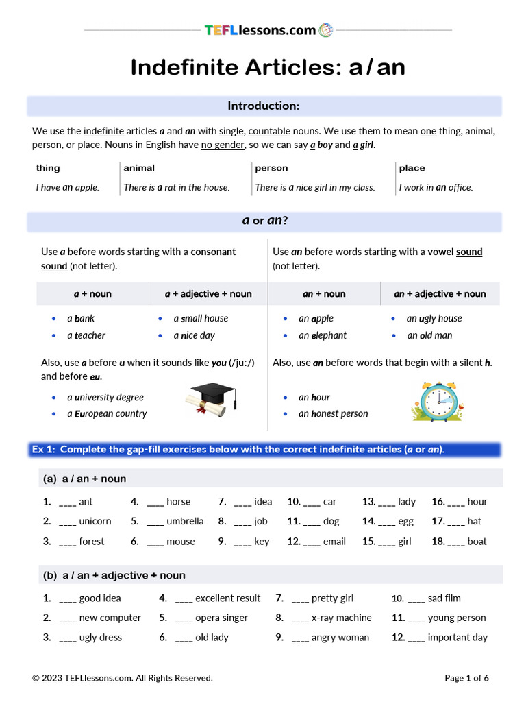 Indefinite-Articles-Student-Copy A1 | PDF | Noun | Plural