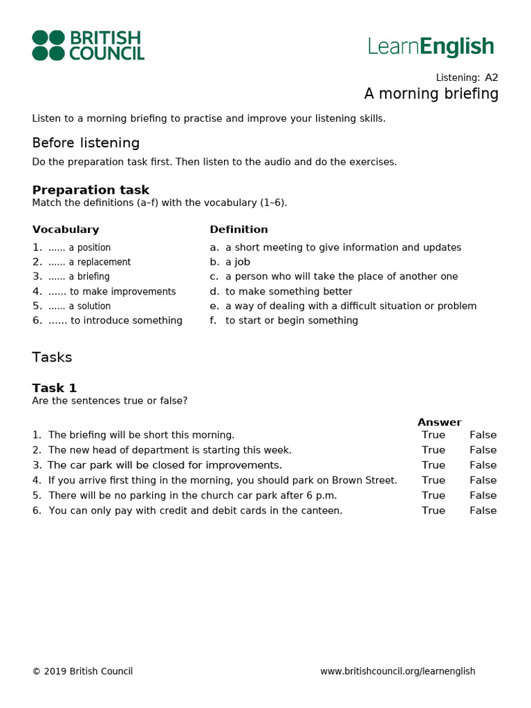 LearnEnglish-Listening-A2-A-morning-briefing | PDF