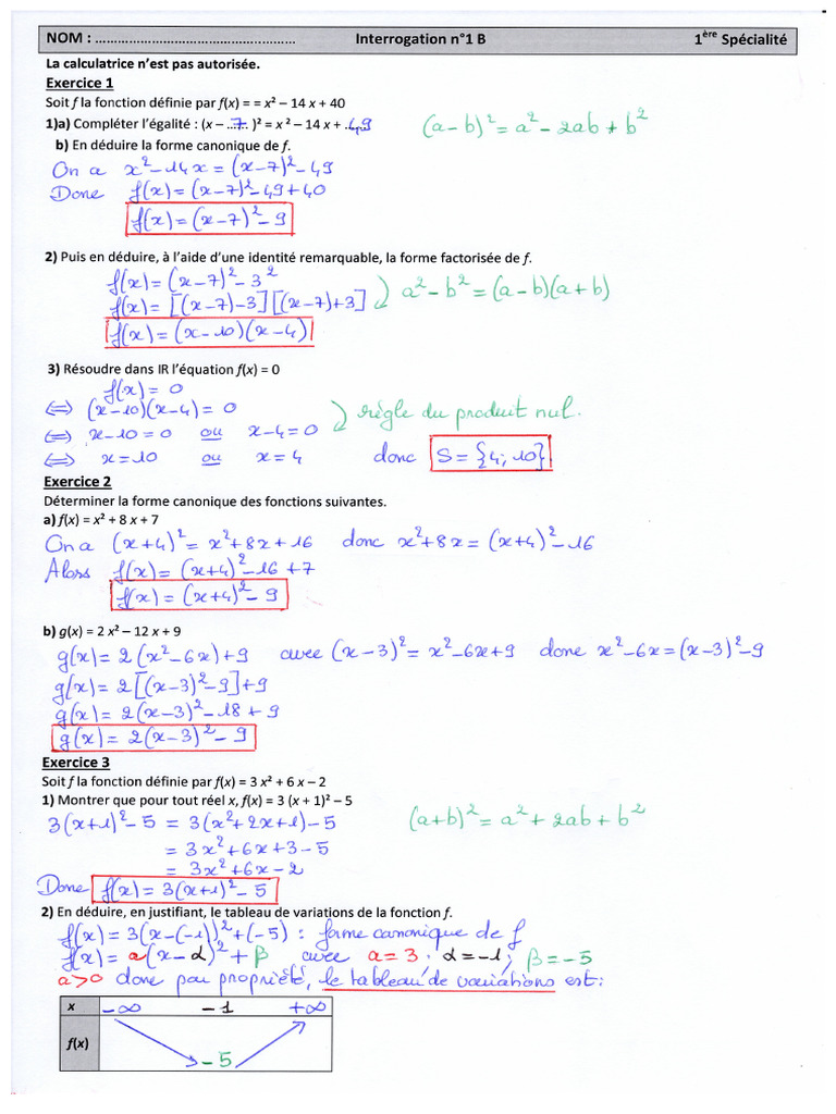 1 SPE - Interro 1 B - Corrigé | PDF