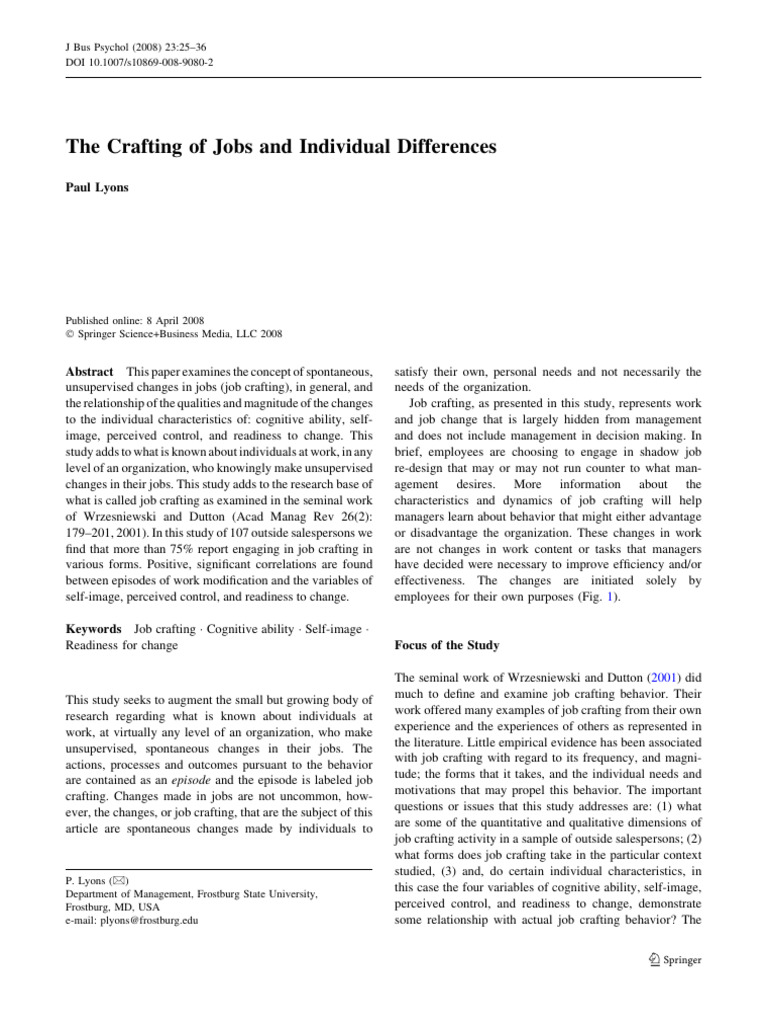 2008-The Crafting of Jobs and Individual Differences | PDF | Self Efficacy | Motivation