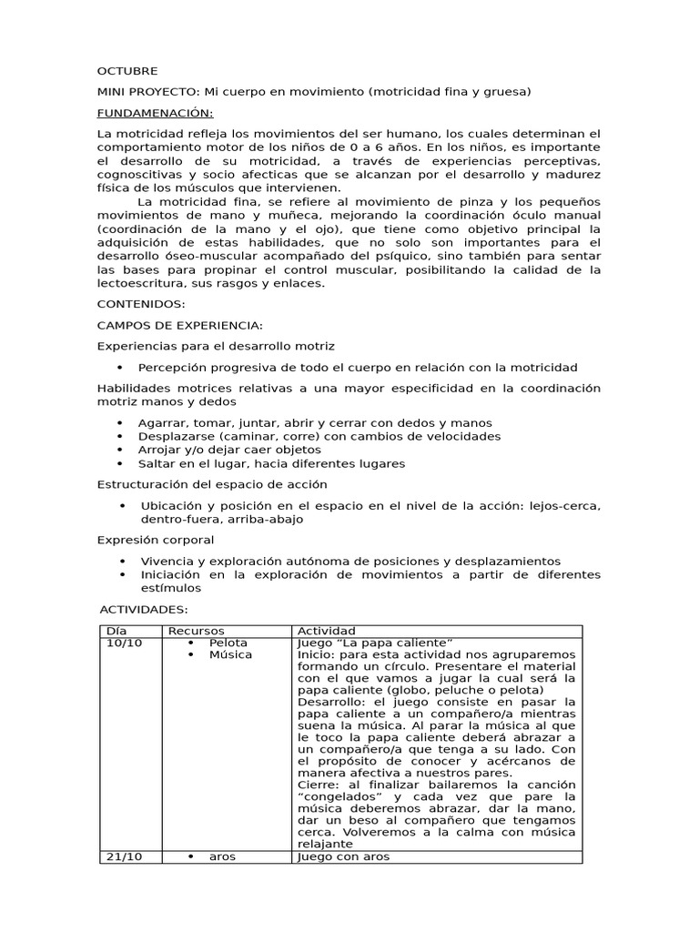 Proyecto Motricidad Gruesa y Fina Sala 2 Años | PDF