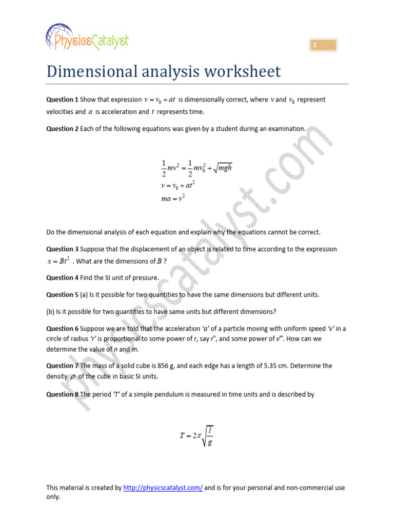 Dimensional Analysis Worksheet | PDF | Density | Acceleration
