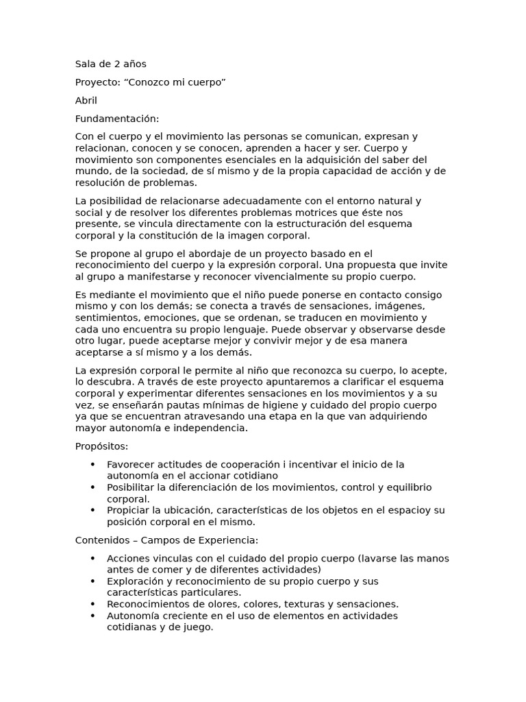 Proyecto Motricidad Gruesa Sala 2 Años | PDF | Relaciones personales ...