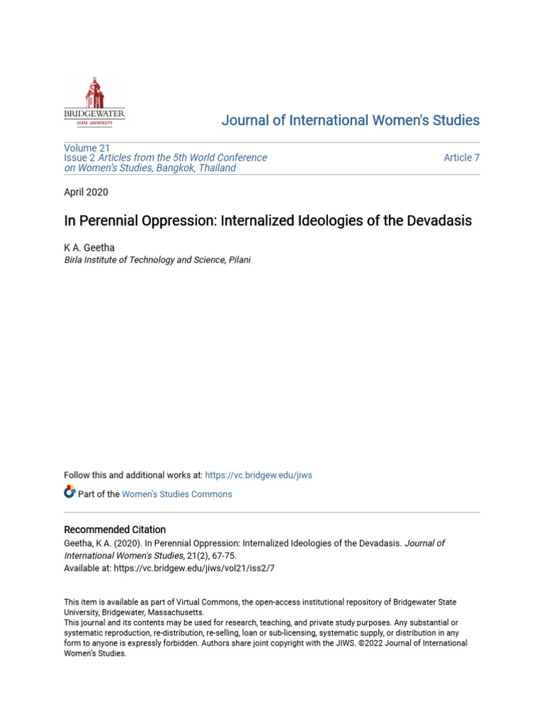 In Perennial Oppression - Internalized Ideologies of The Devadasis ...