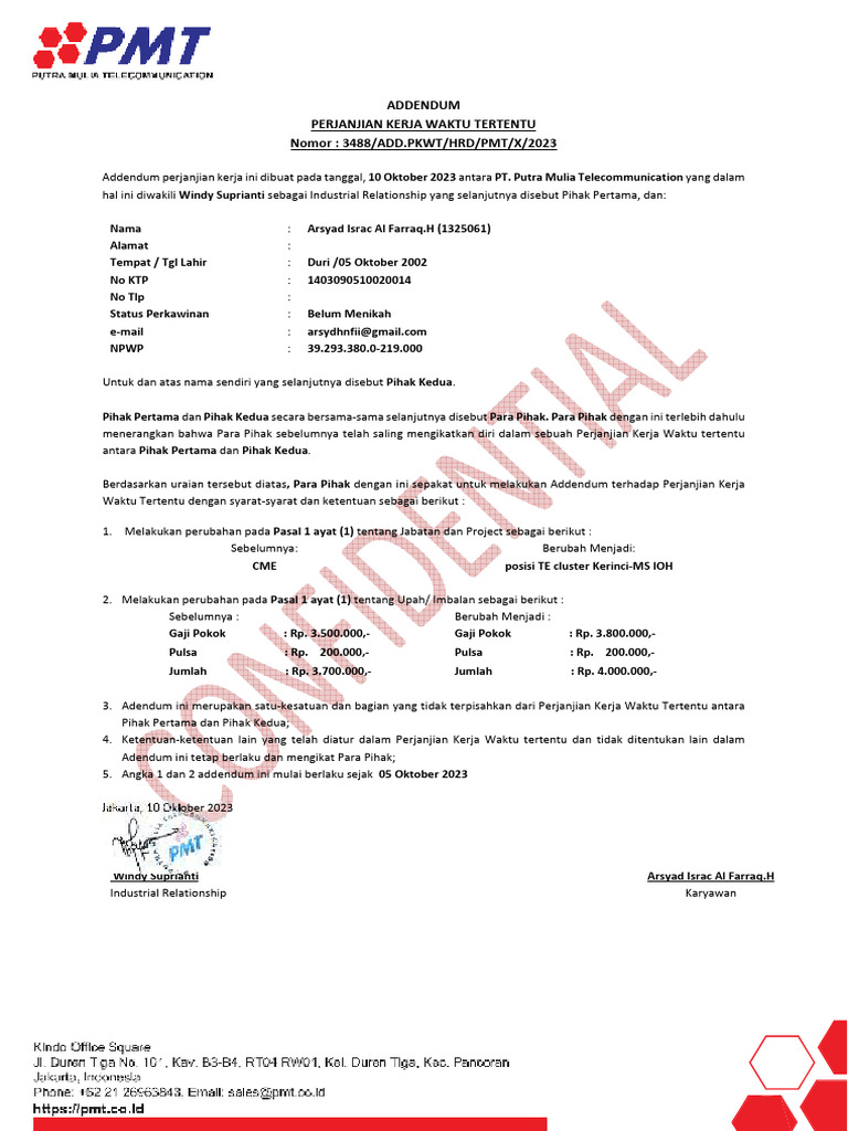 Addendum Kontrak Arsyad Israc Al Farraq.H (1325061) | PDF