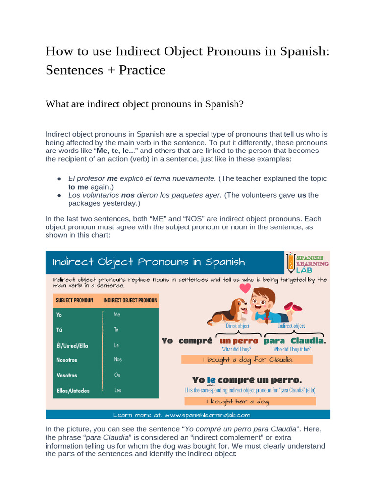 Indirect Object Pronouns in Spanish | PDF | Subject (Grammar) | Verb