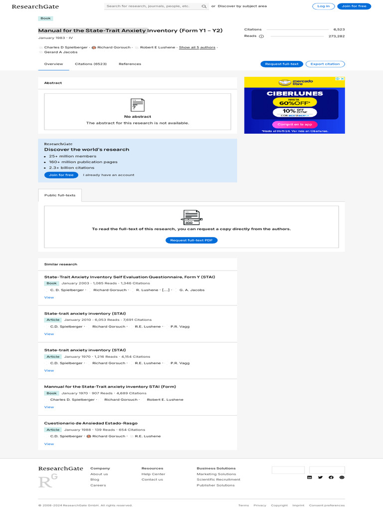 Manual For The State-Trait Anxiety Inventory (Form Y1 - Y2) | PDF ...