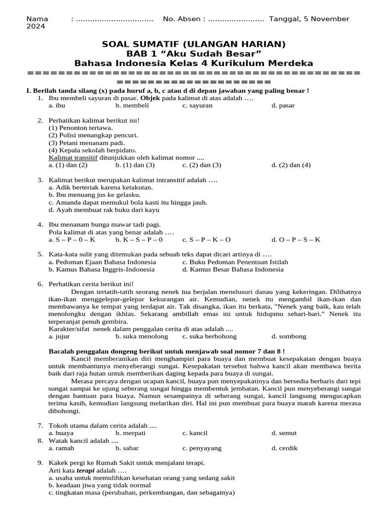 Soal Bahasa Indonesia Kelas 4 | PDF