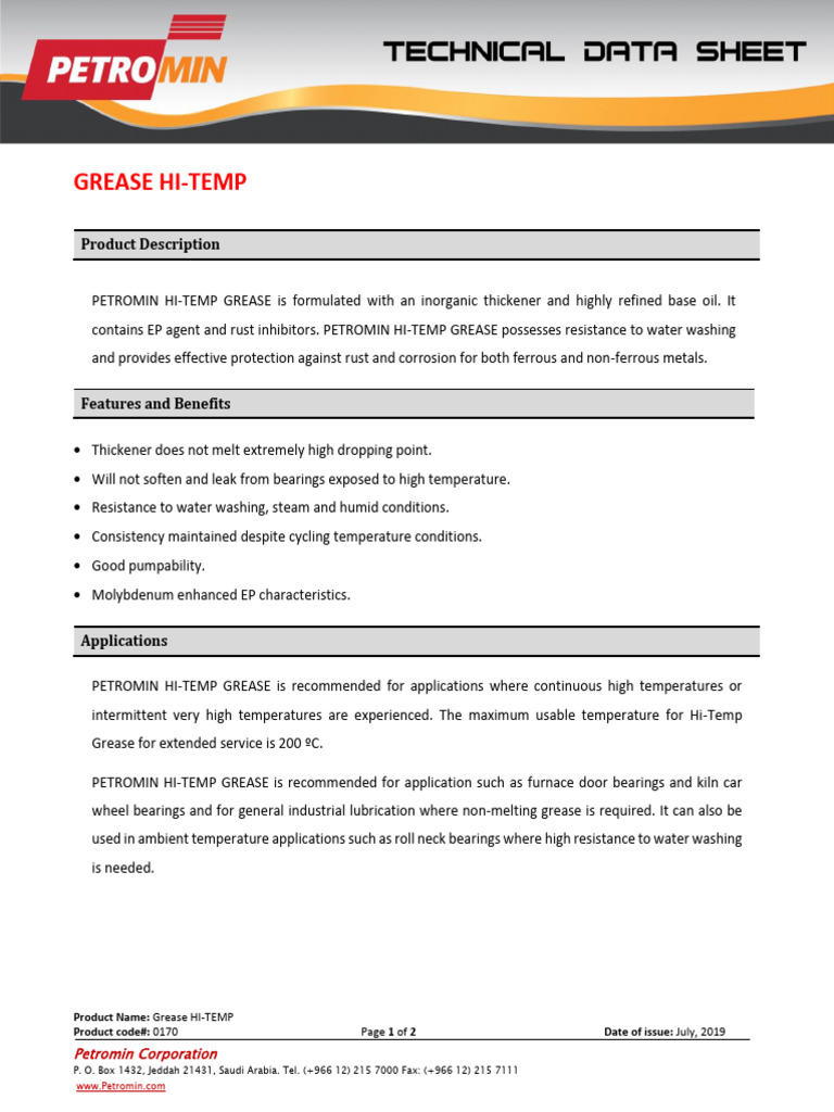 Petromin Hi-Temp Grease Overview | PDF | Chemical Substances | Materials