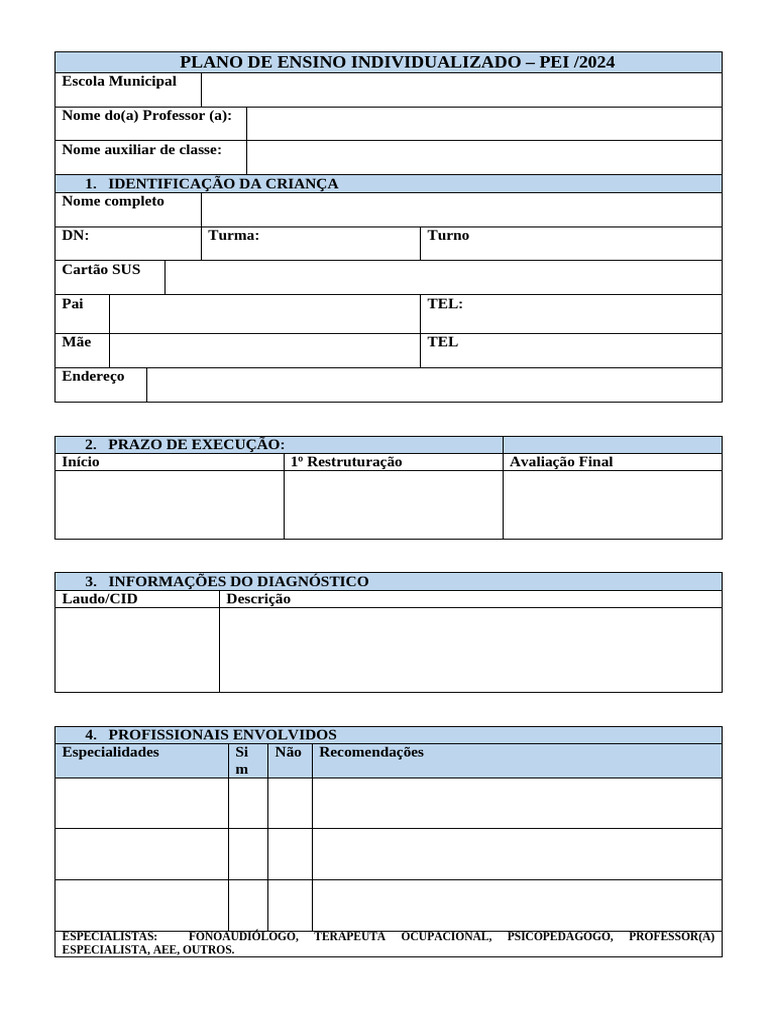 Plano de Ensino Individualizado - PEI 2024 | PDF | Carreira e ...