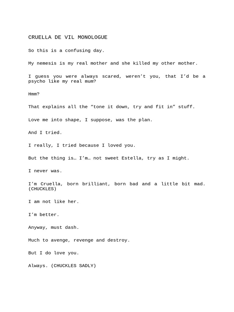 Cruella de Vil Monologue | PDF | Self-Improvement | Mystery, Thriller ...
