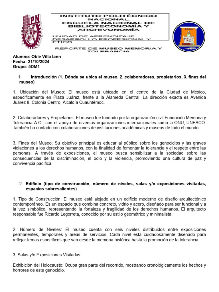 Reporte Museo Memoria y Tolerencia - Oble Villa Iann | PDF | Genocidios | Museo