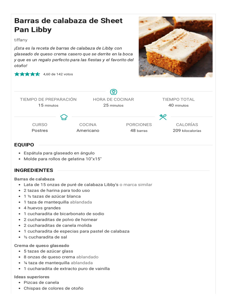 Barras de Calabaza de Sheet Pan Libby - Simply Happenings | PDF | lactoso | Postres