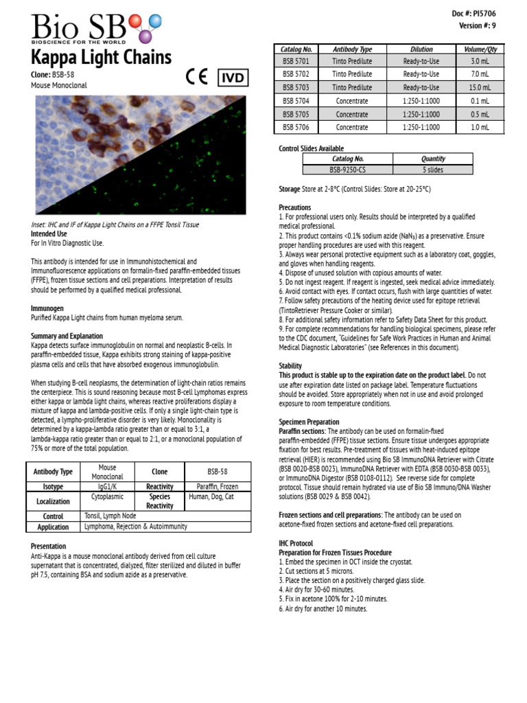 PI5706 - Kappa Light Chains (BSB-58) | PDF | Immunology | Medical Specialties