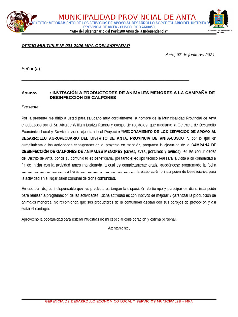 Oficio Multiple #001-Desinfeccion | PDF