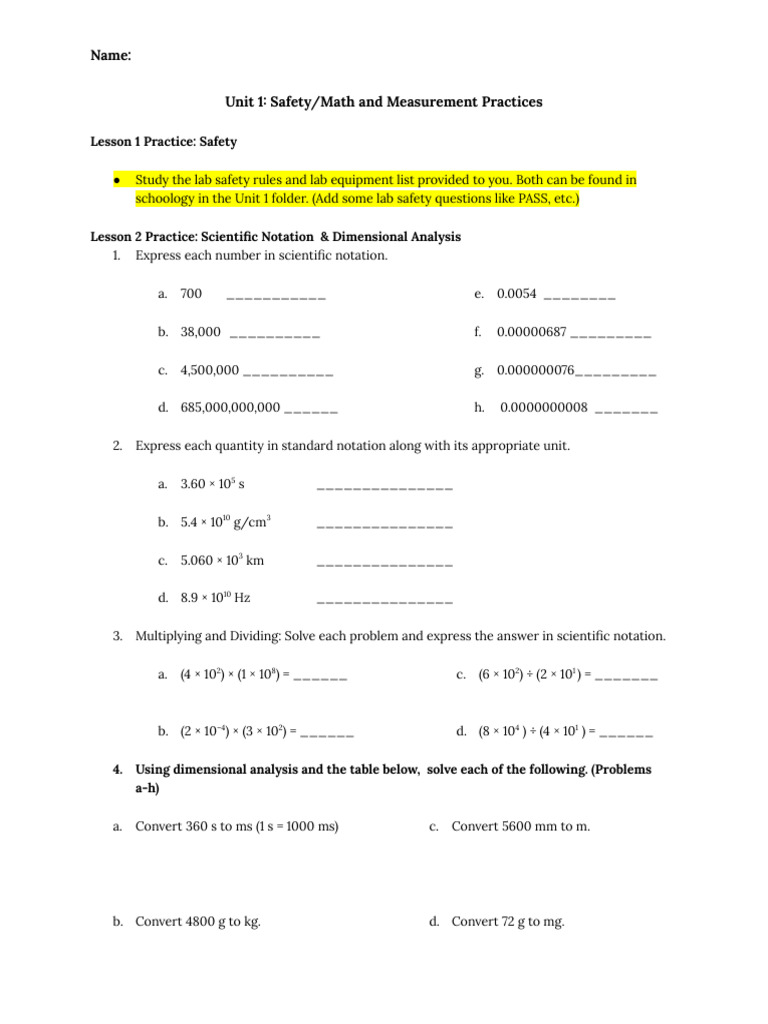 Unit 1 Practices - Safety - Math and Measurement (Core) | PDF ...
