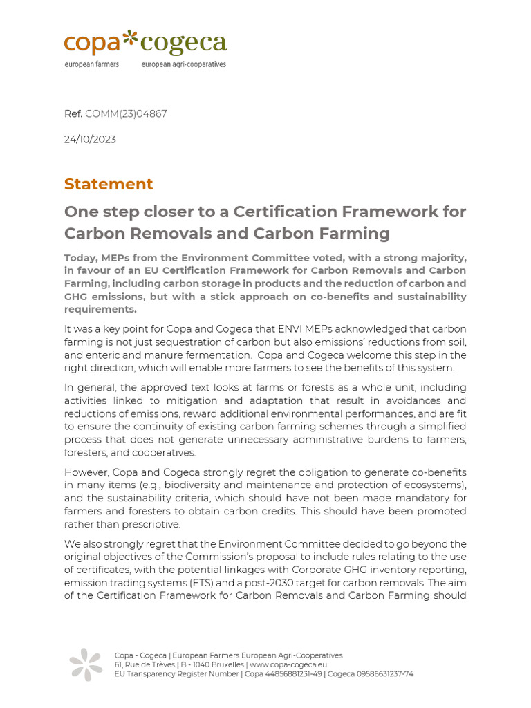 Statement - One Step Closer To A Certification Framework For Carbon ...