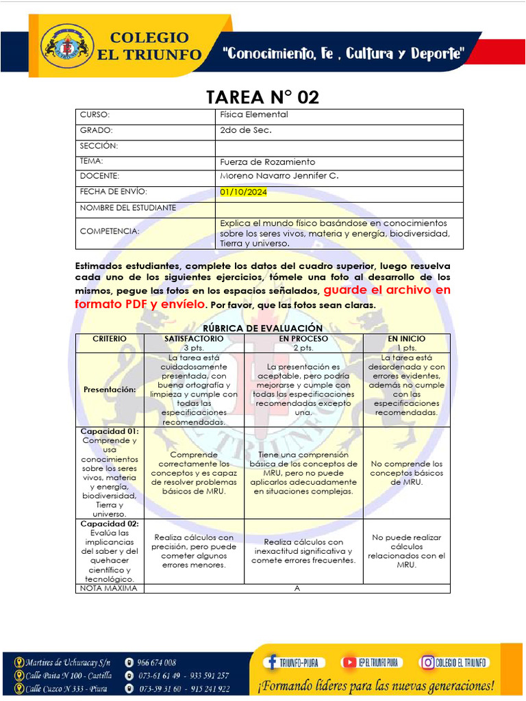 Tarea 02 Iiit 2do Sec Fisica Elemental | PDF | Fricción