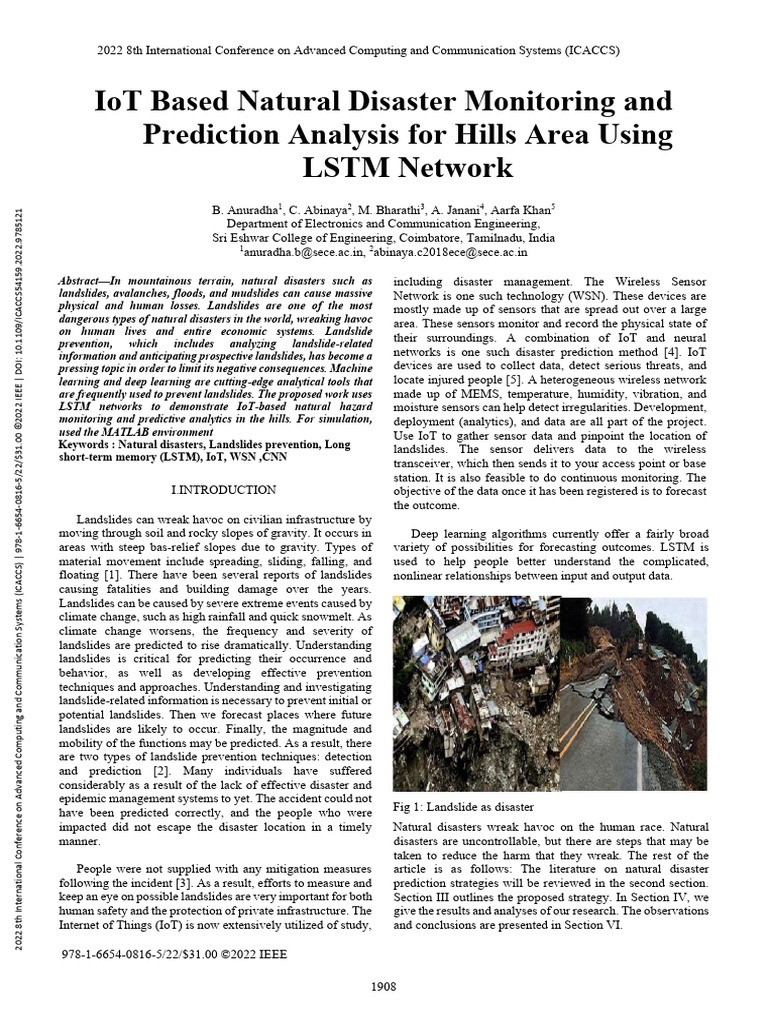 Iot Based Natural Disaster Monitoring And Prediction Analysis For Hills Area Using Lstm Network