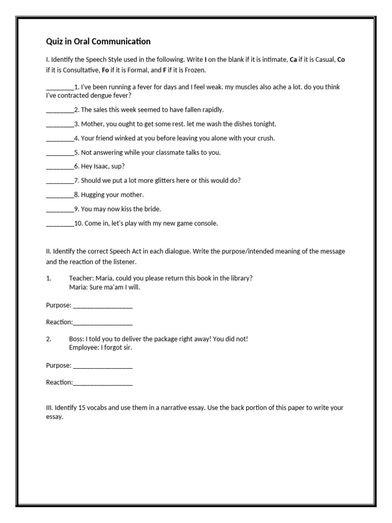 Quiz in Oral Communication | PDF | Language Arts & Discipline | Self ...