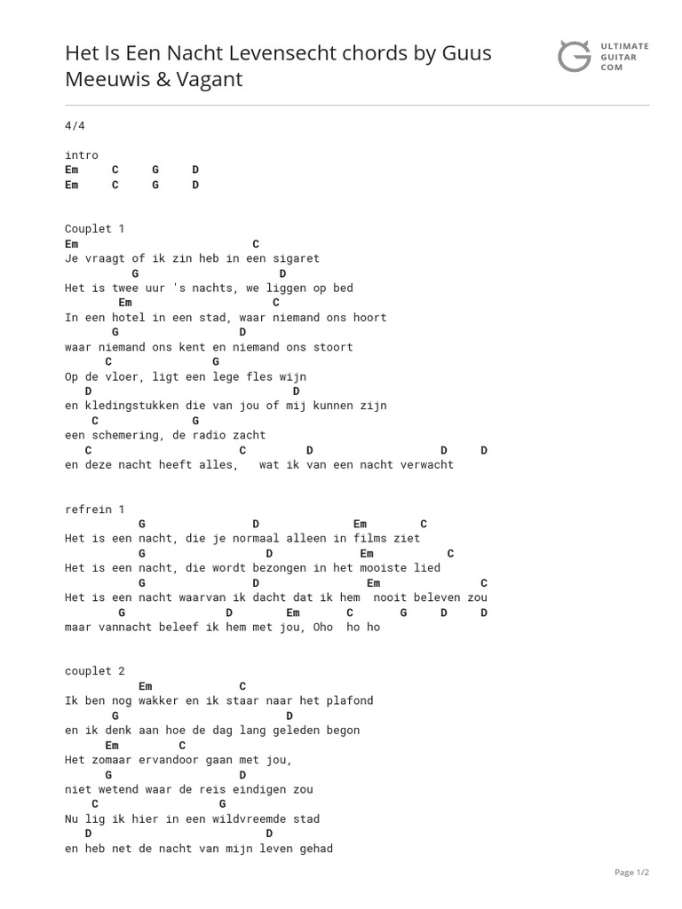 Het Is Een Nacht Levensecht Chords by Guus Meeuwis & Vagant Tabs | PDF