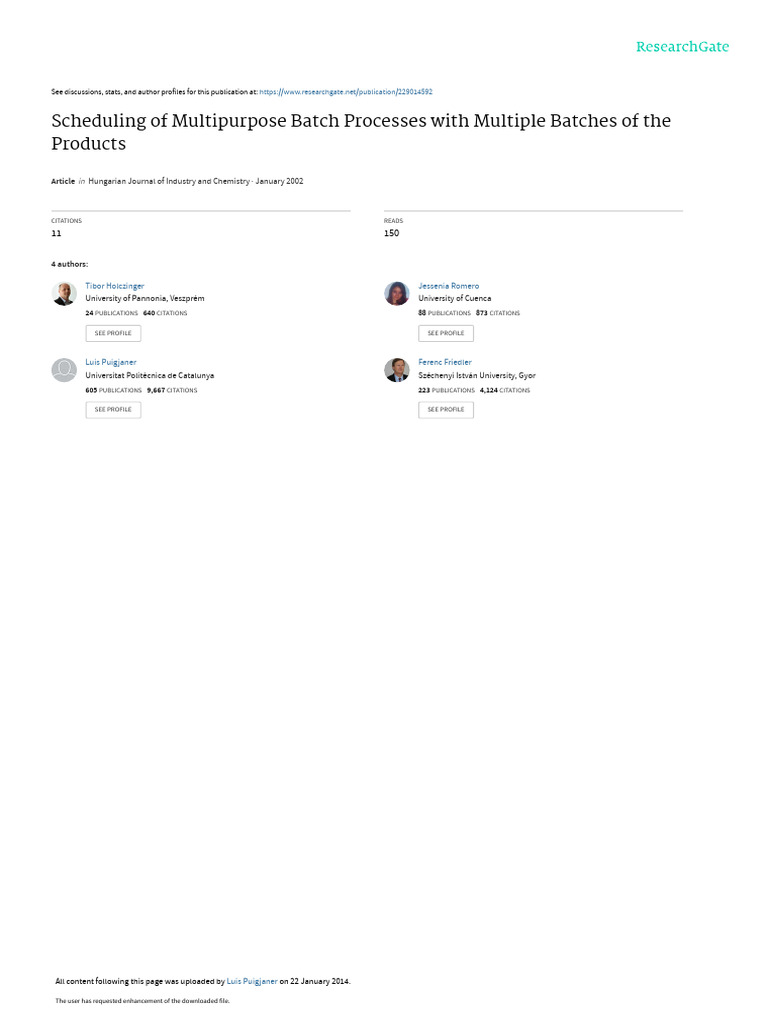 Scheduling of Multipurpose Batch Processes With Mu | PDF | Scheduling (Production Processes ...