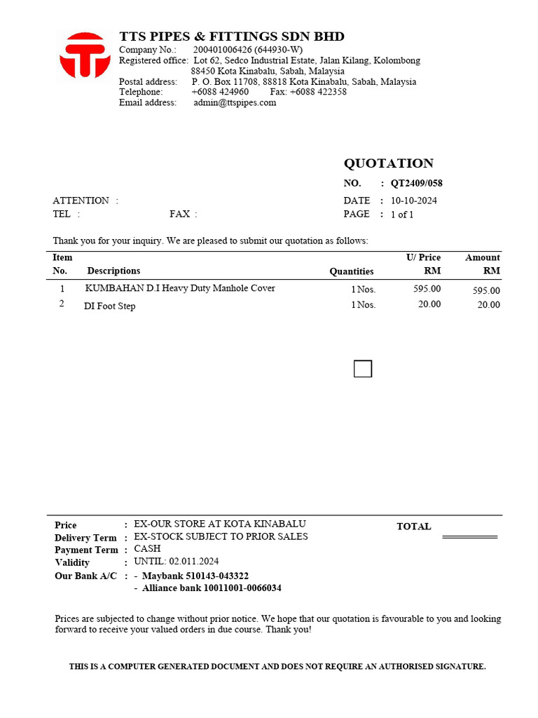 Quotation for TTS Pipes & Fittings | PDF