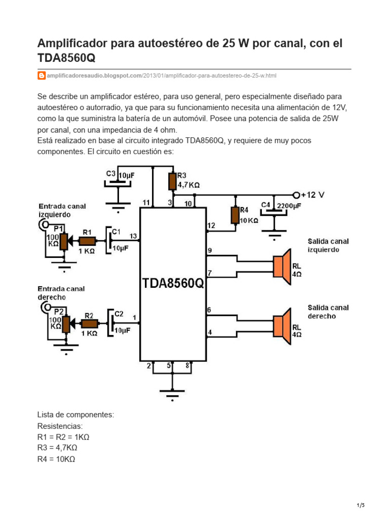 Amplificador para Autoestéreo de 25 W Por Canal Con El TDA8560Q | PDF | Altoparlante | Red eléctrica