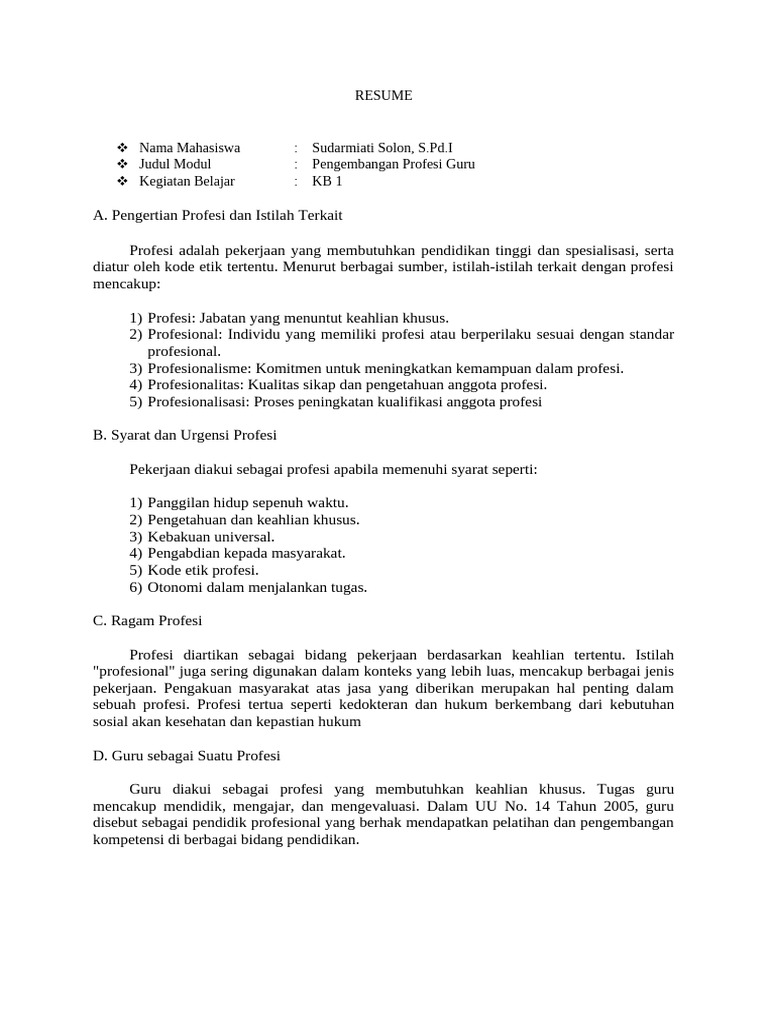 Resume KB 1 Pengembangan Profesi Guru | PDF | Karier & Perkembangan | Pengembangan Diri