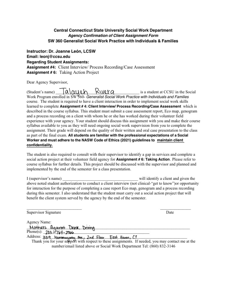 CCSU Social Work Client Assignment Form | PDF