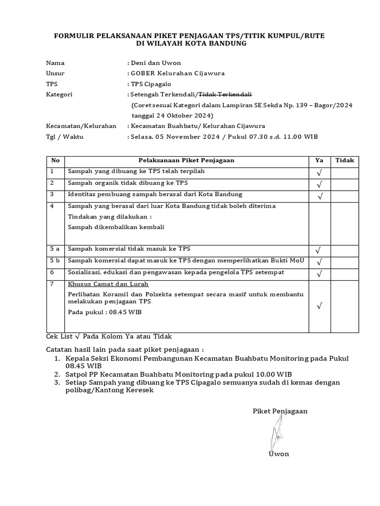 Piket Penjagaan TPS Cipagalo Bandung | PDF